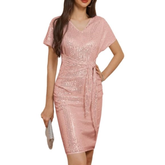 Dresses | Womens V Neck Ruched Sequin Dress Short Sleeve Tie Midi ...